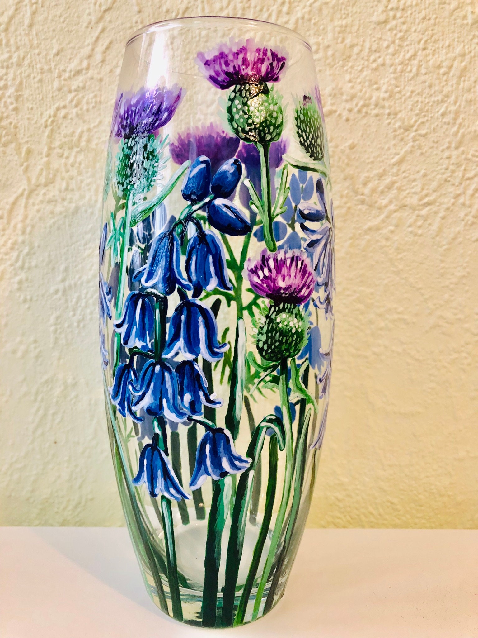 Hand Painted Vase/ Floral Thistle and Bluebell/ Bullet Design | Etsy UK