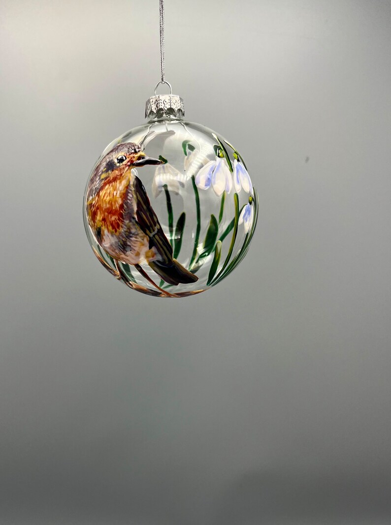 Hand Painted Glass Bauble/ Robin and Snowdrops Design. - Etsy UK