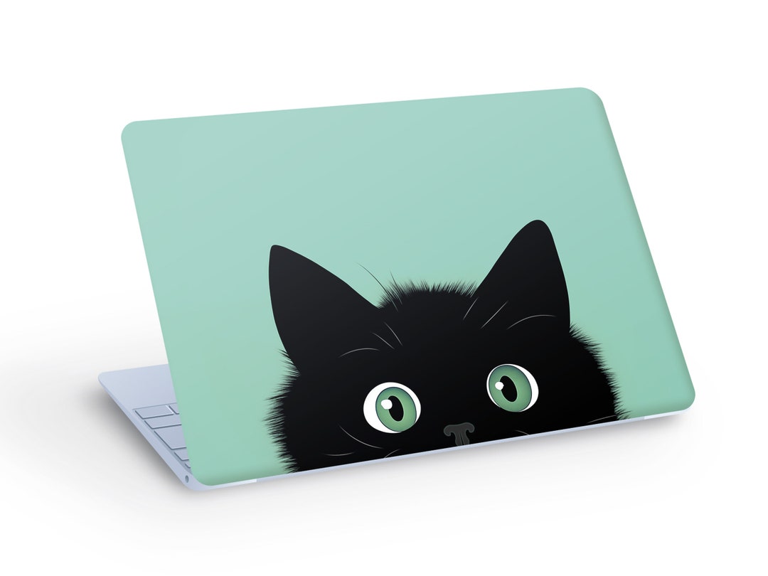 Black CAT Peeks Out LAPTOP SKIN Decal Sticker, Cute Black Cat Laptop ...