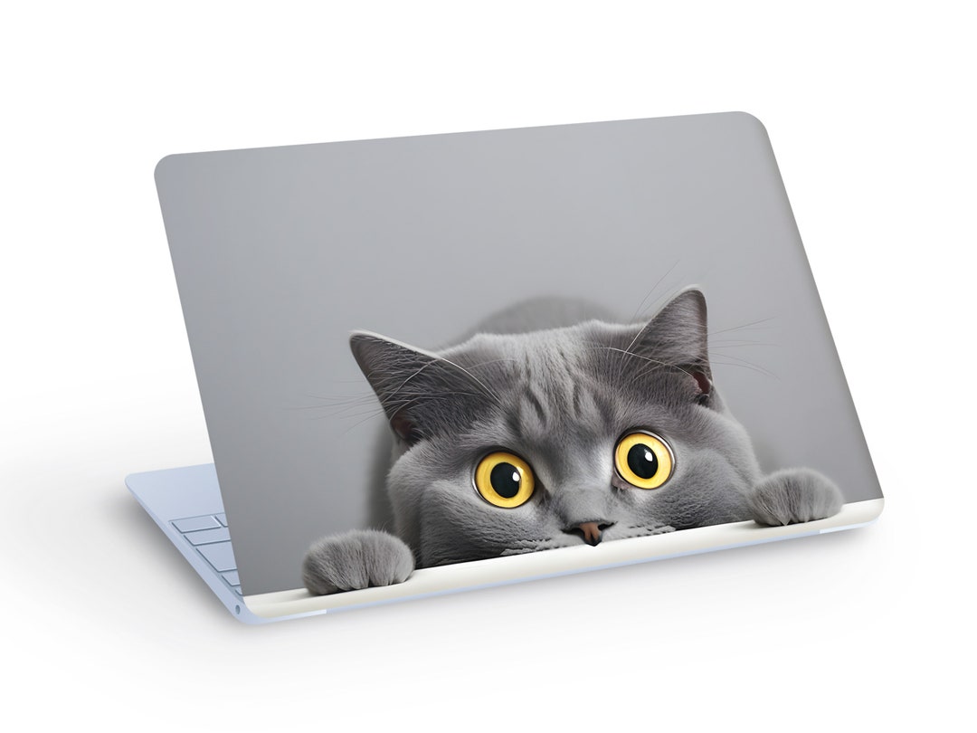 Cute CAT Peeks Out LAPTOP SKIN Decal Sticker, Grey Cat Laptop Skin ...