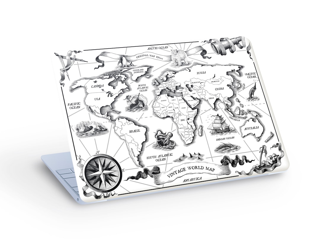 Vintage World Map Laptop Skin, Adventure MacBook Skin, World Map Laptop ...