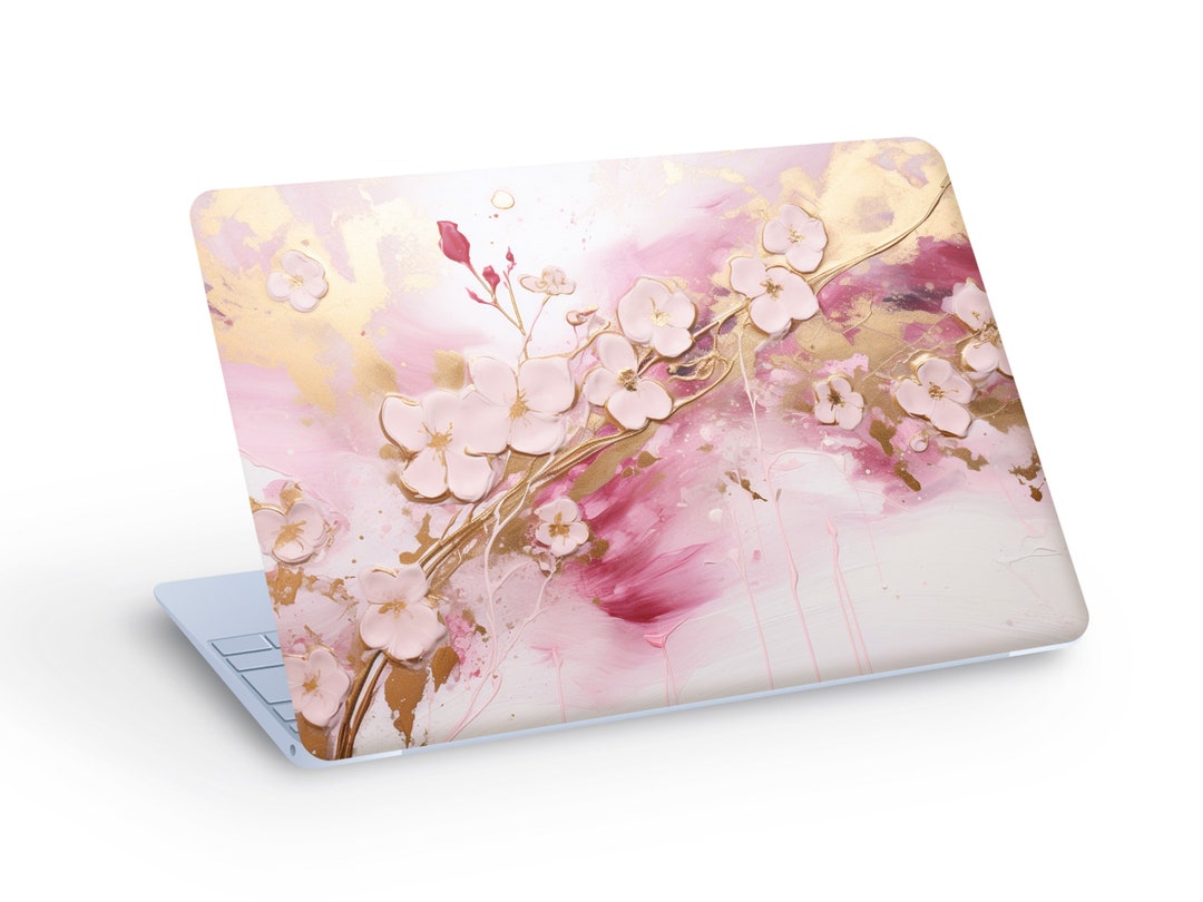 Pink Flowers LAPTOP SKIN Decal Sticker, Gold Pink MacBook Flowers ...