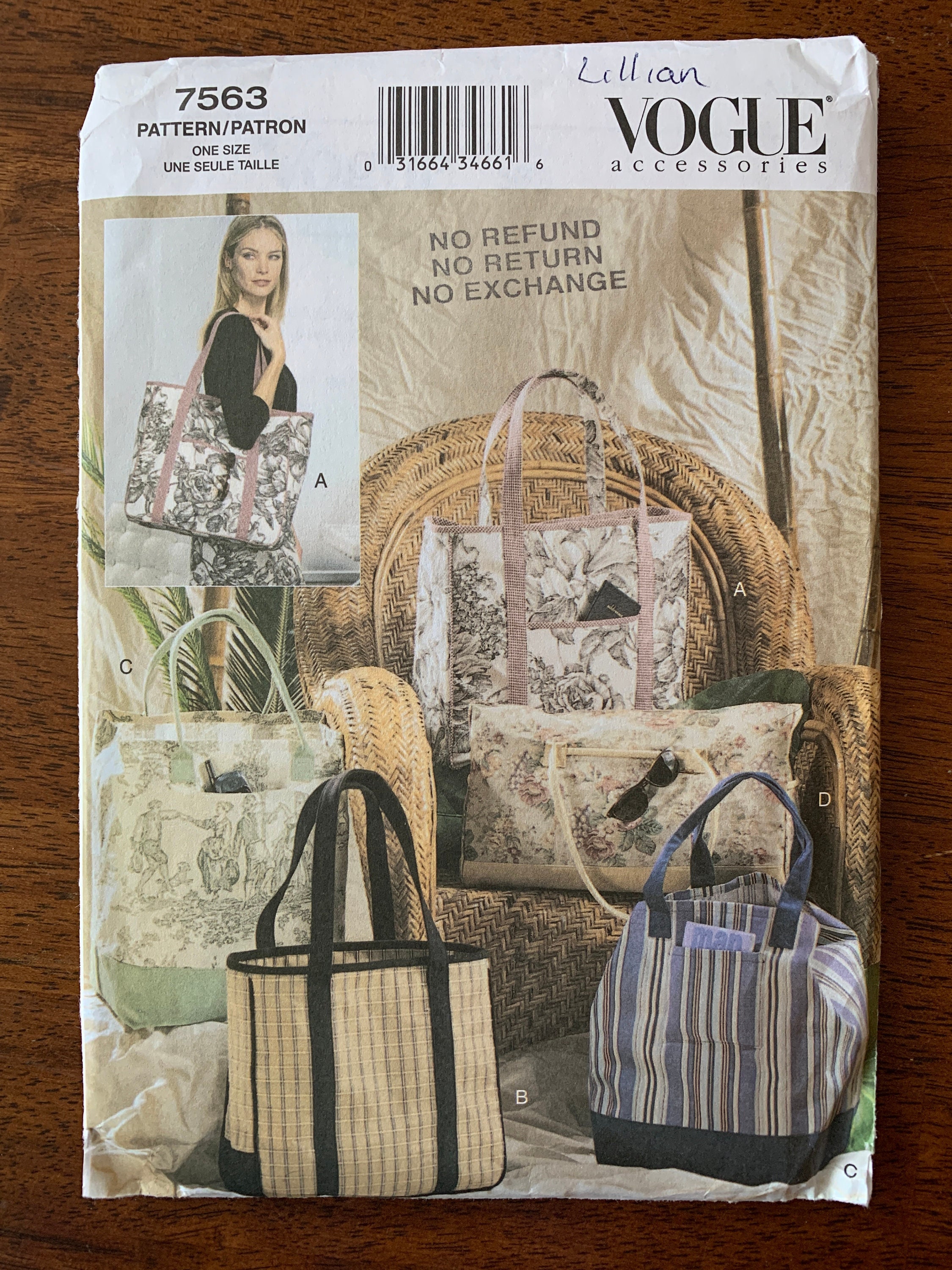 VOGUE 7563 Sewing Pattern Tote Bags Handbags Purses UNCUT/FF 4 Styles ...