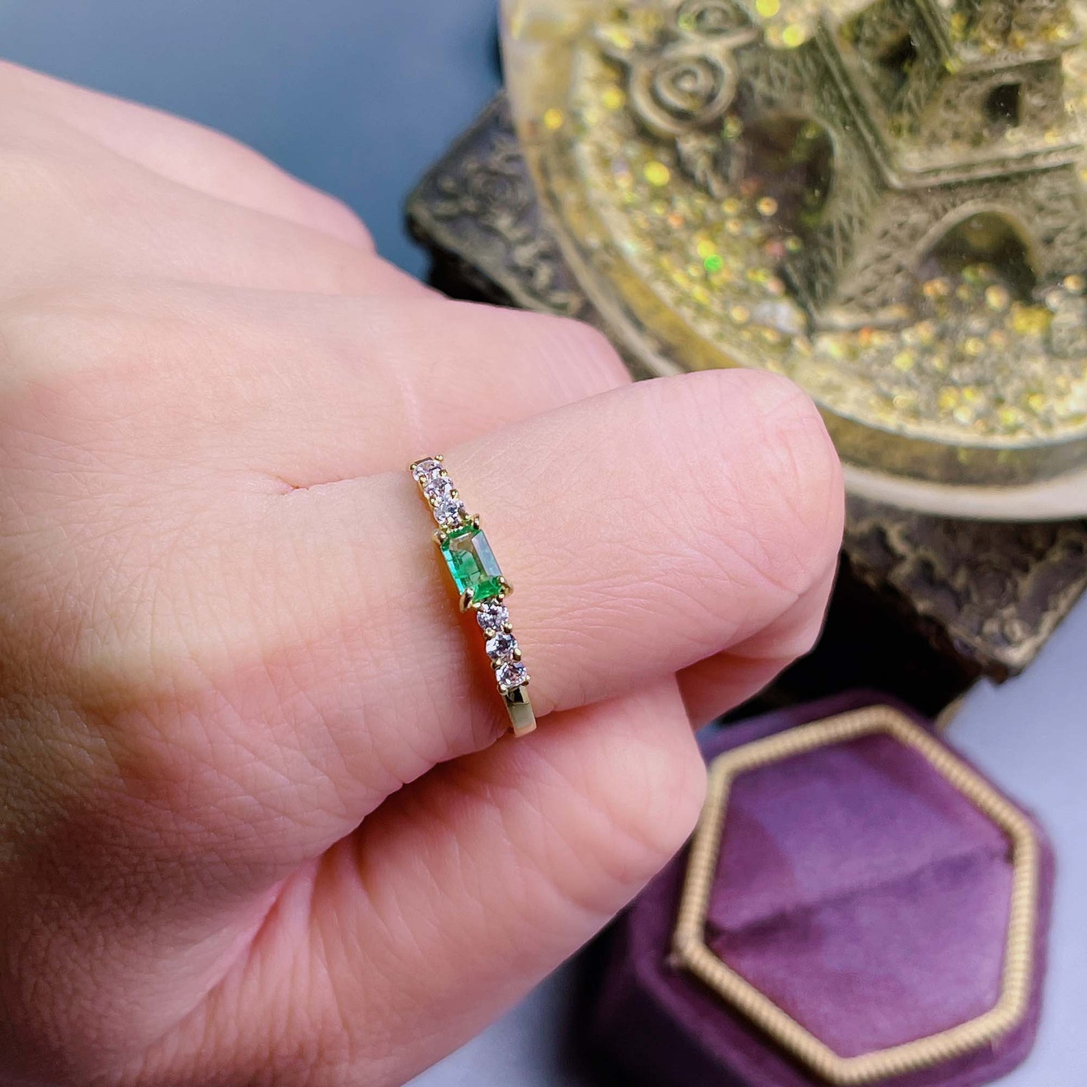 Rectangle Emerald Ring / Genuine Green Stone Stacking Ring May | Etsy