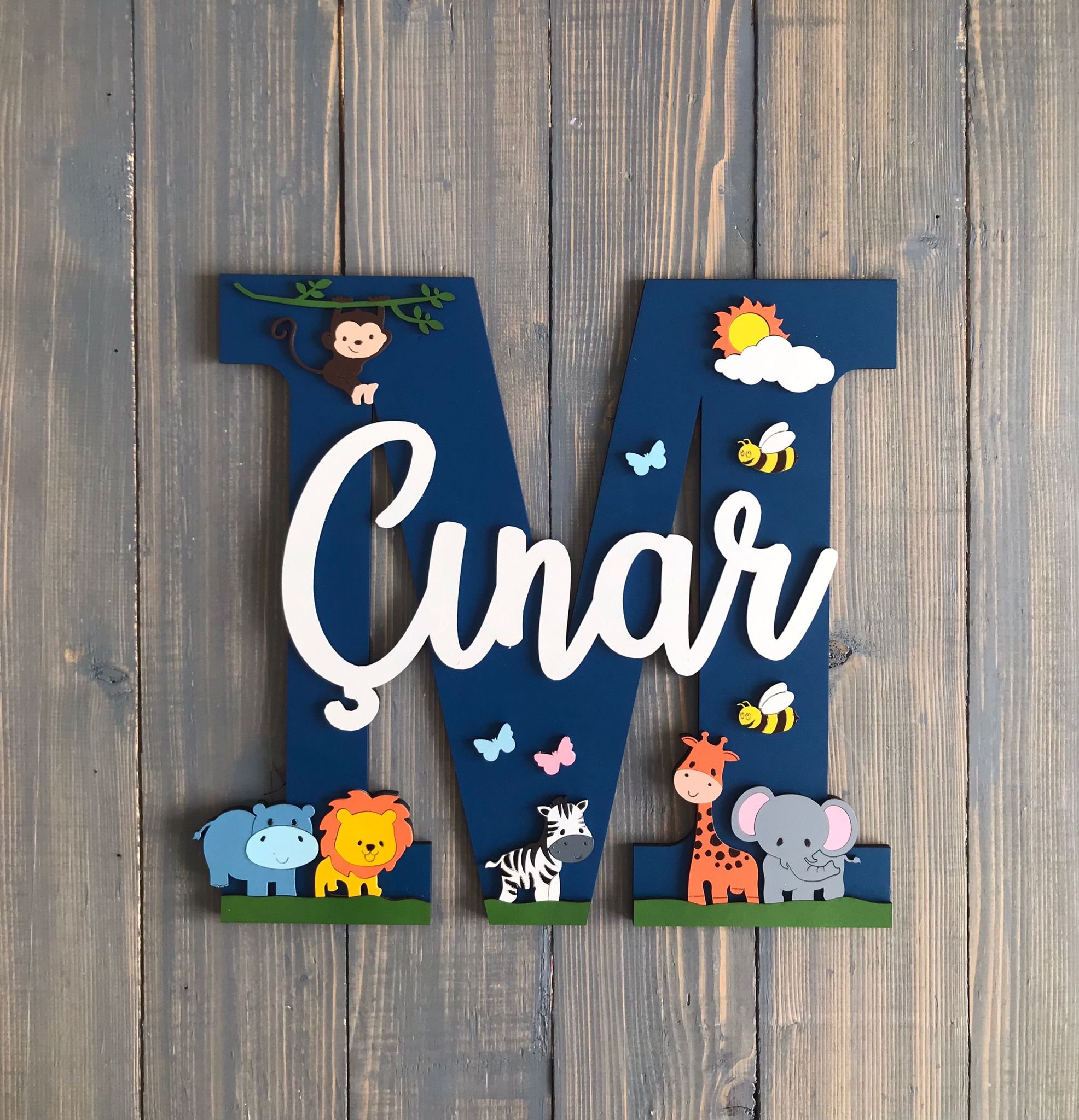 First Letter Name Sign Kids Room Door Decor Safari Animal - Etsy