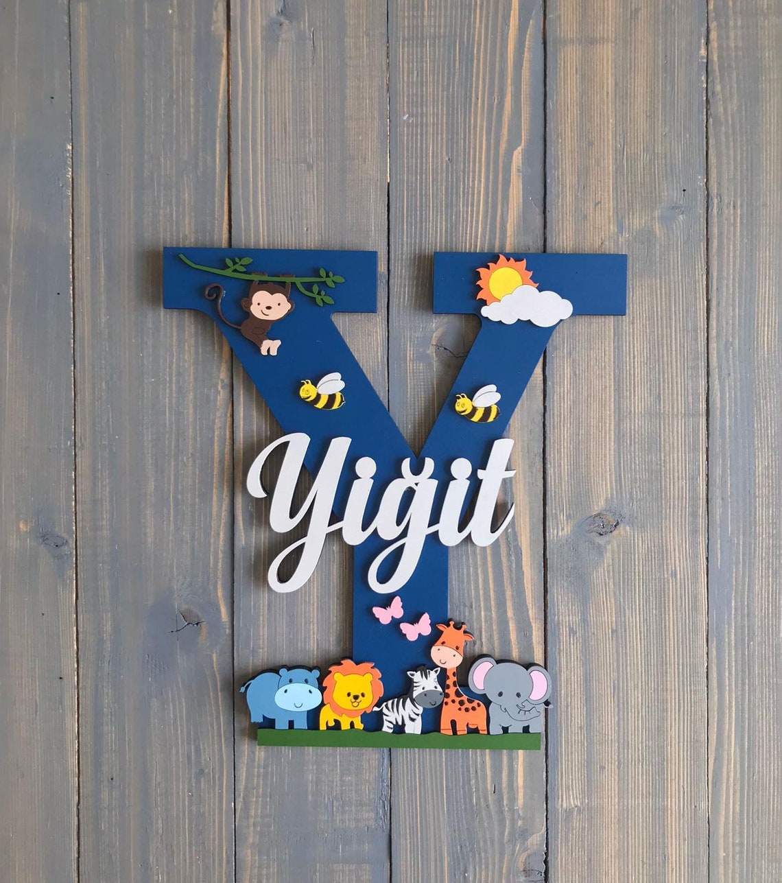 First Letter Name Sign Kids Room Door Decor Safari Animal - Etsy