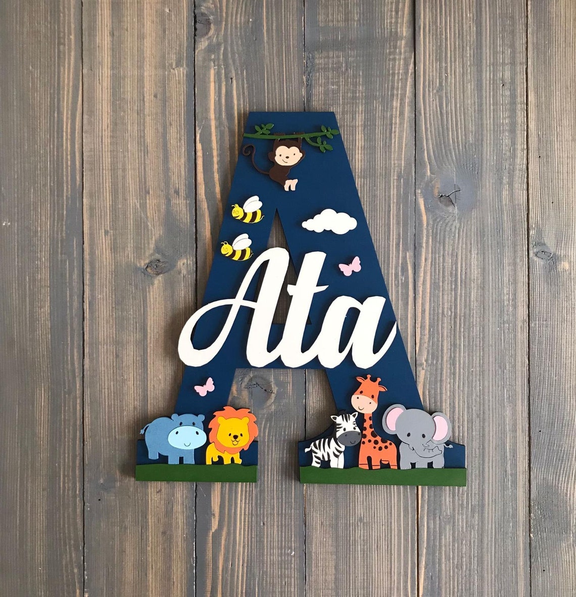 First Letter Name Sign Kids Room Door Decor Safari Animal - Etsy
