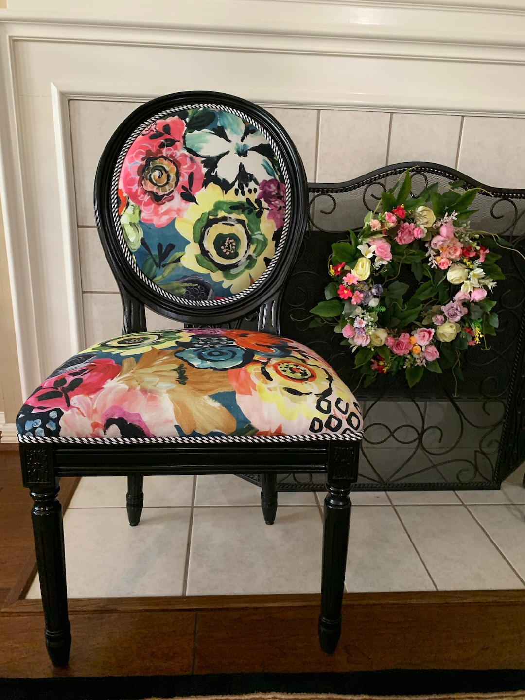 Beautiful Desk or Vanity Chair With Multicolored Floral, Black and ...