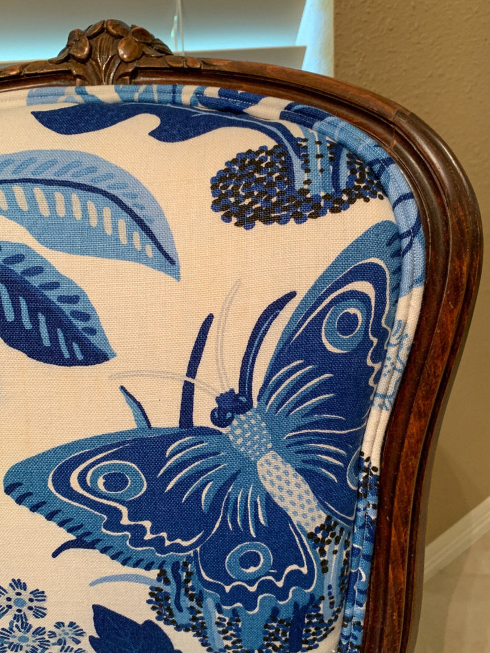 Custom Blue Vanity Chair Schumacher Butterfly Fabric With Floral Accent ...