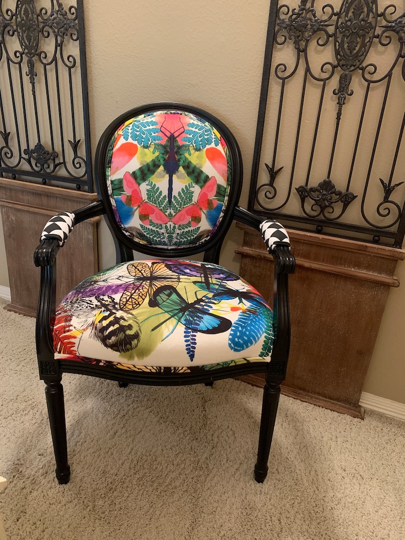 Whimsical Accent Chair With Butterflies and Insects Colorful Black Arm ...