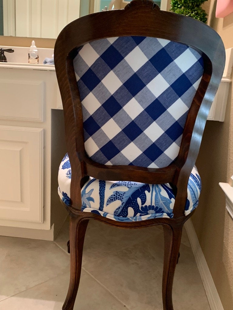 Custom Blue Vanity Chair Schumacher Butterfly Fabric With Floral Accent ...