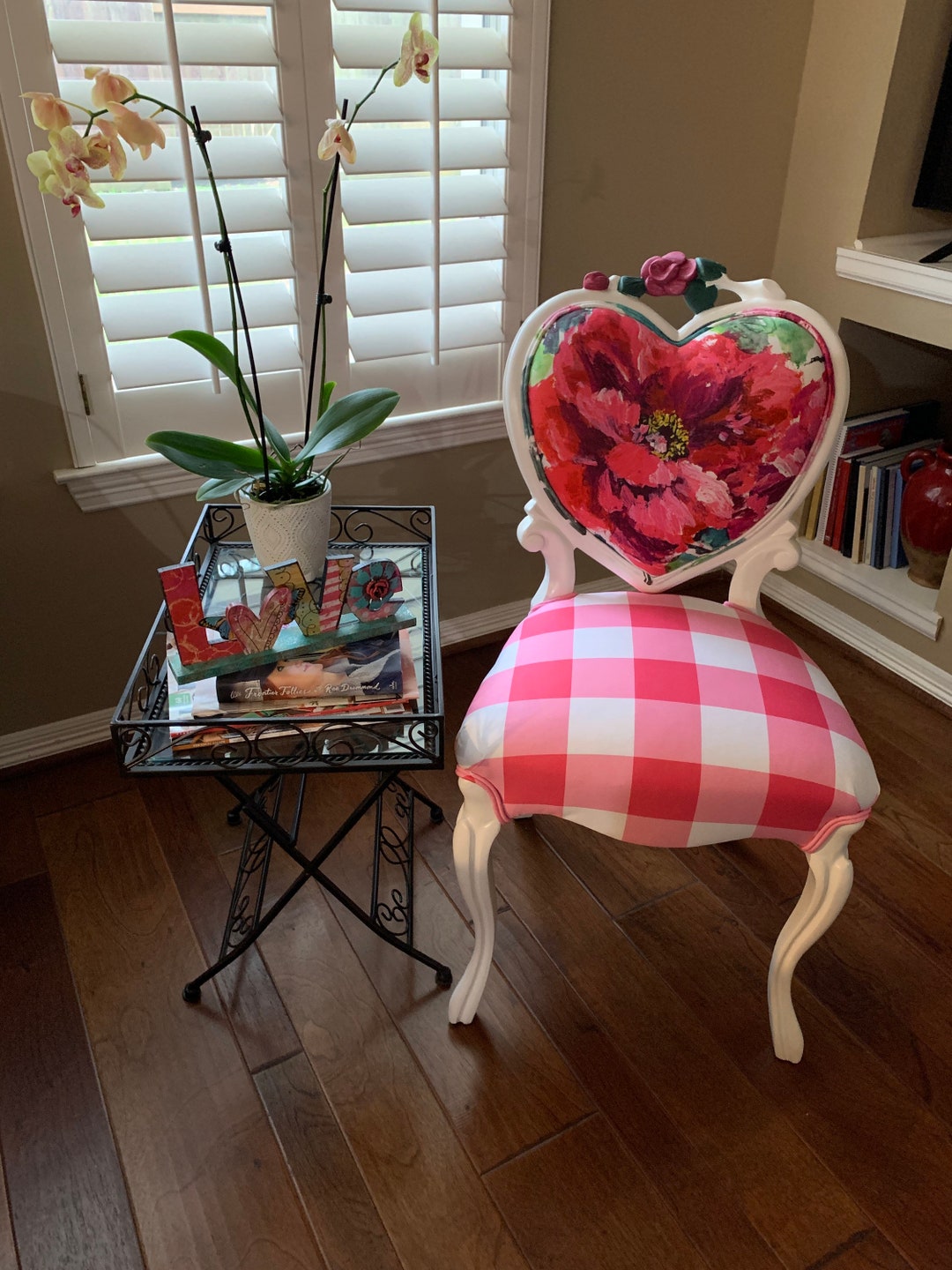 Heart Chair for Fun Decor Gift, Bright Pink Floral and Buffalo Checks ...