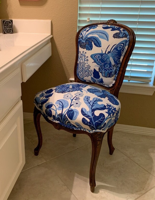 Custom Blue Vanity Chair Schumacher Butterfly Fabric With Floral Accent ...