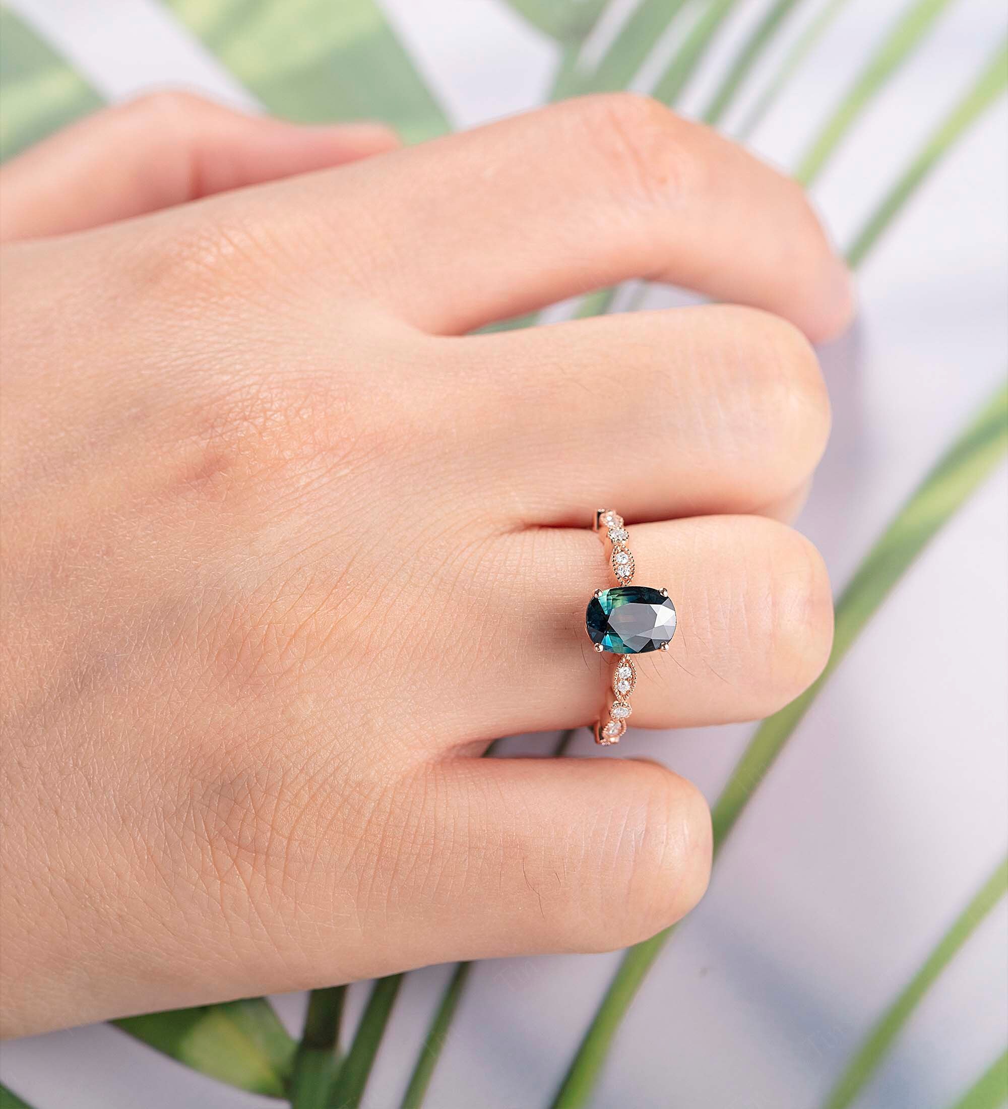 Blue Green Sapphire Engagement Ring Vintage Engagement Ring - Etsy