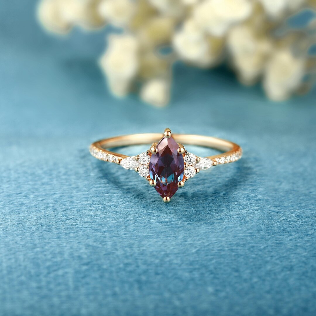 Marquise Cut Alexandrite Engagement Ring Solid Gold Diamond Promise ...