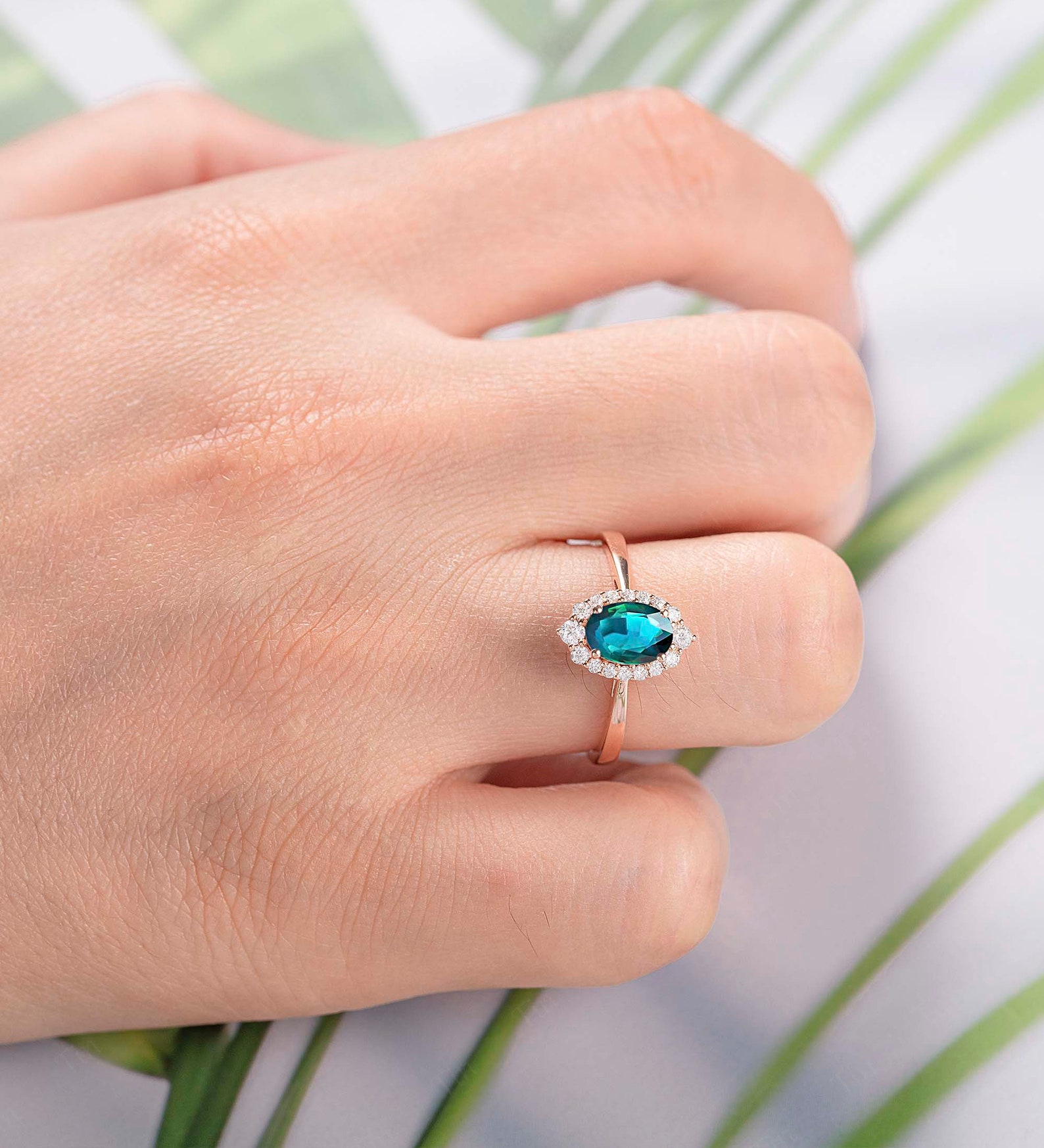 Blue Green Sapphire Engagement Ring Oval Unique Engagement Ring Vintage ...