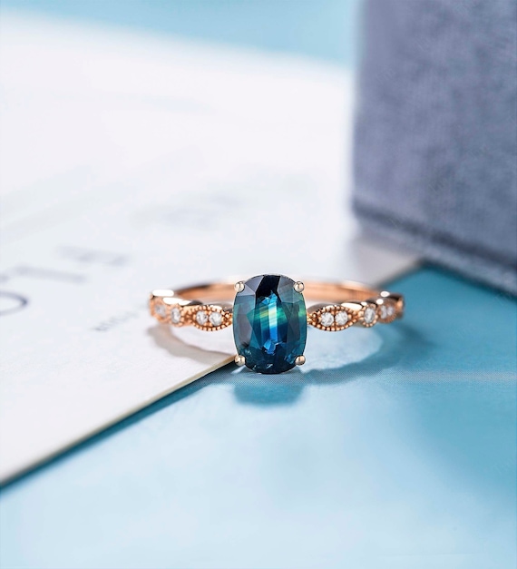 Blue Green Sapphire Engagement Ring Vintage Engagement Ring - Etsy