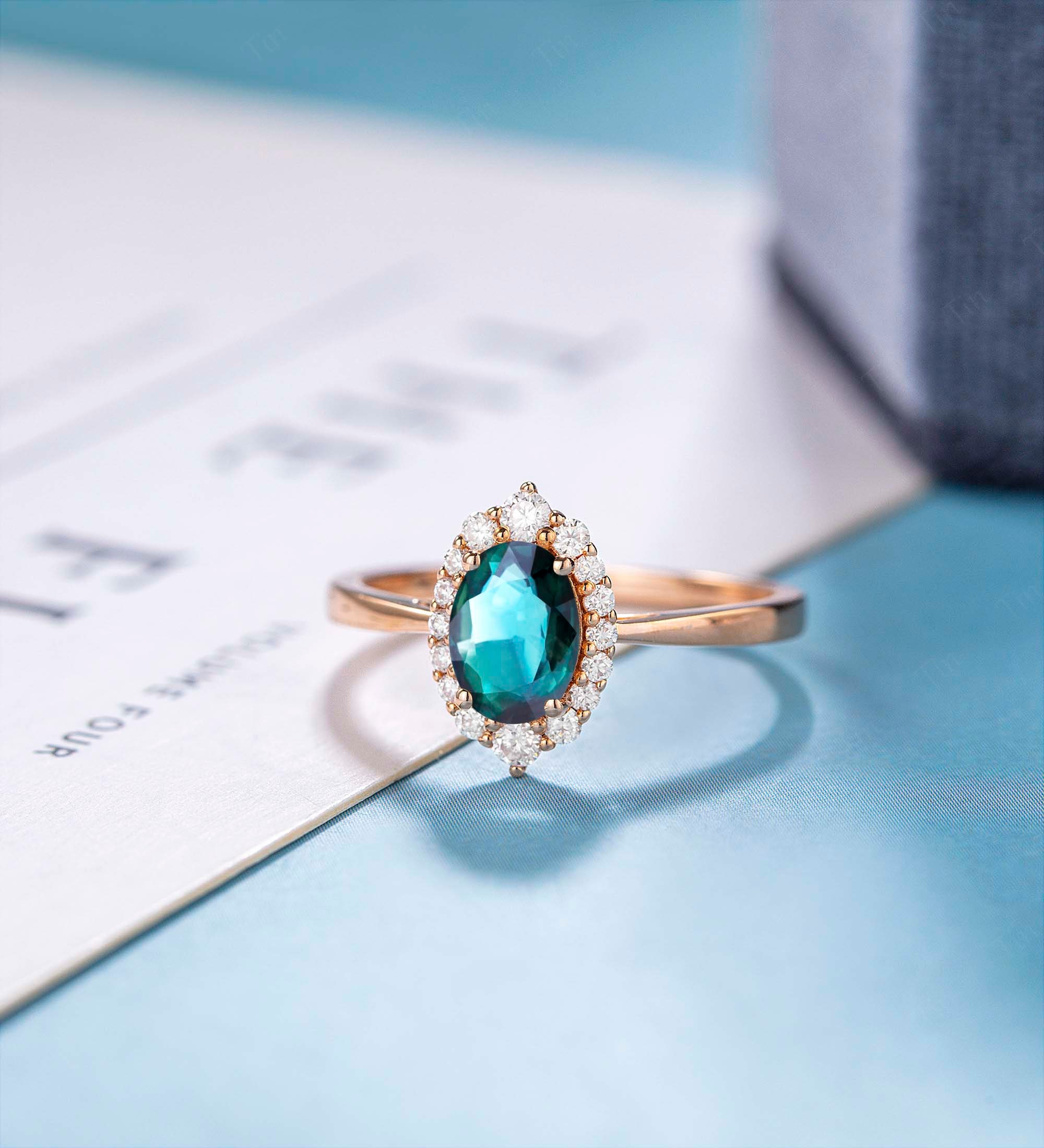 Blue Green Sapphire Engagement Ring Oval Unique Engagement Ring Vintage ...