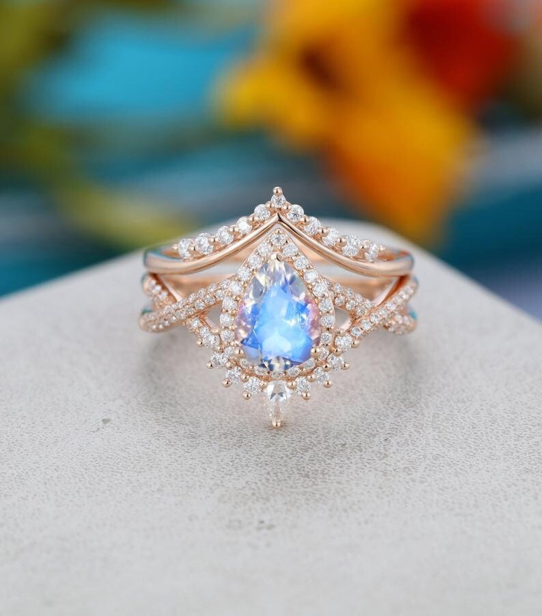 Rose Gold Engagement Ring Pear Shaped Moonstone Engagement Ring Set ...
