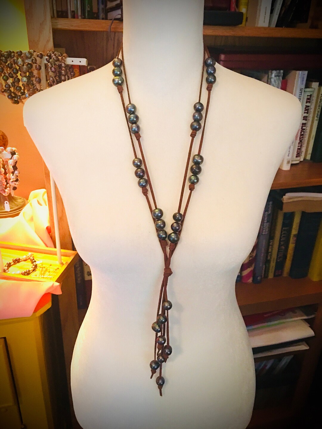 Pearl and Suede Necklace, Knotted Leather Necklace, Knotted Leather ...
