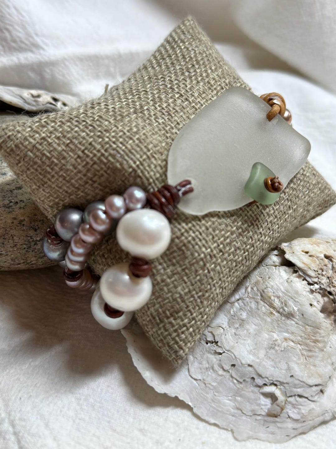 Recycled Florida Sea Glass Pearl Bracelet, Hand Knotted Leather Boho ...