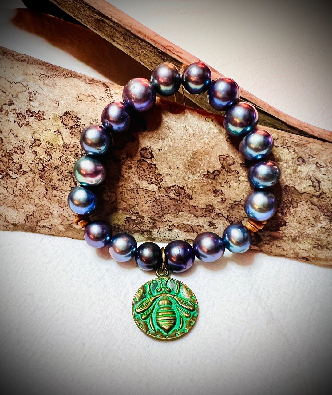 Peacock Pearl Bronze Verdigris Bee Charm Leather Accent Stretch Bracelet, Handmade Knotted ...
