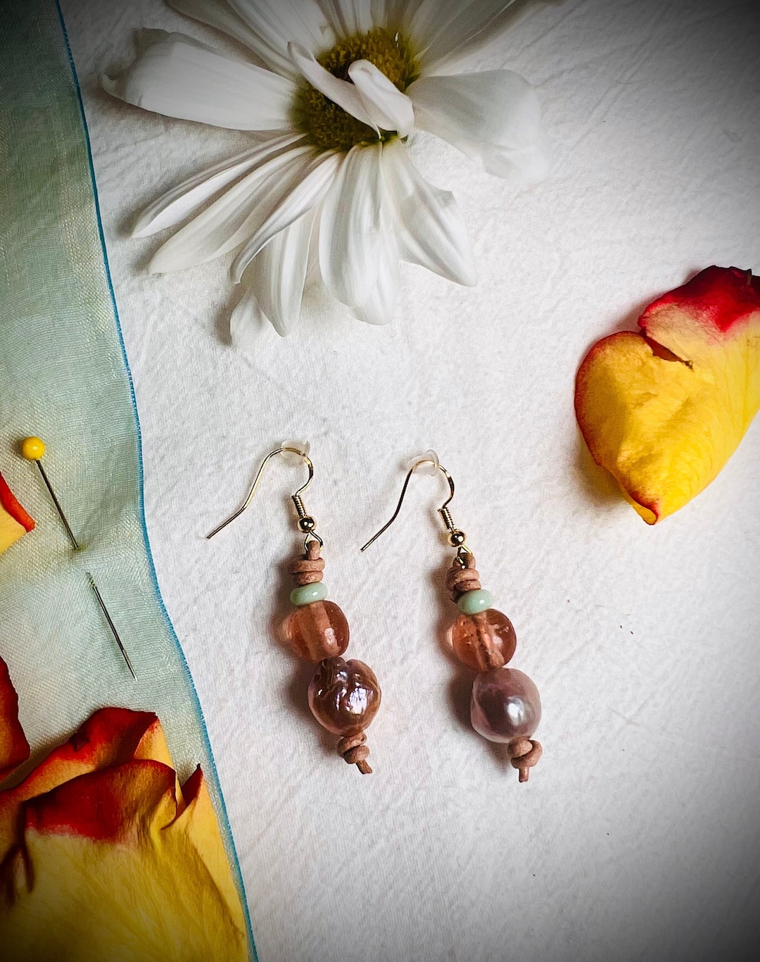 RARE Pink/mauve Edison Pearl, Java Glass on Leather Earrings, Knotted ...