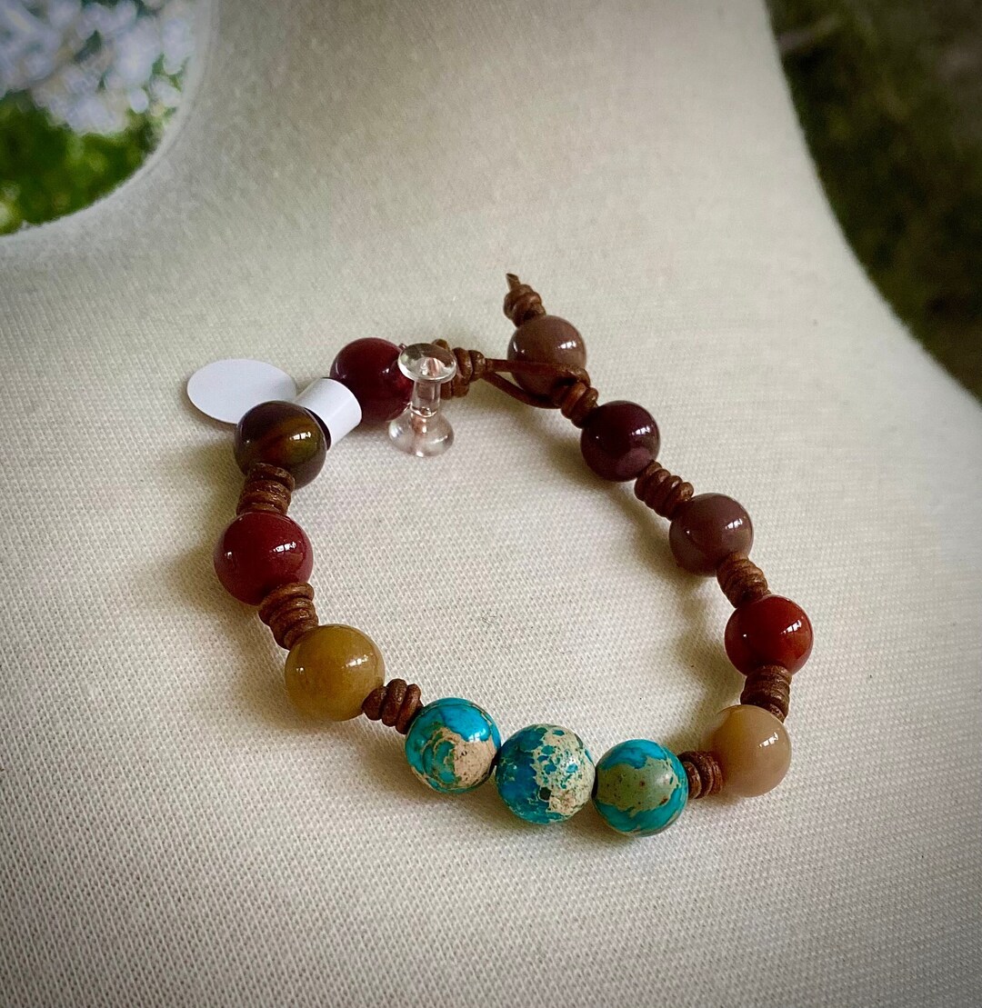 Agate, Jasper, Turquoise, Mookaite and Leather Knotted Leather Bracelet ...