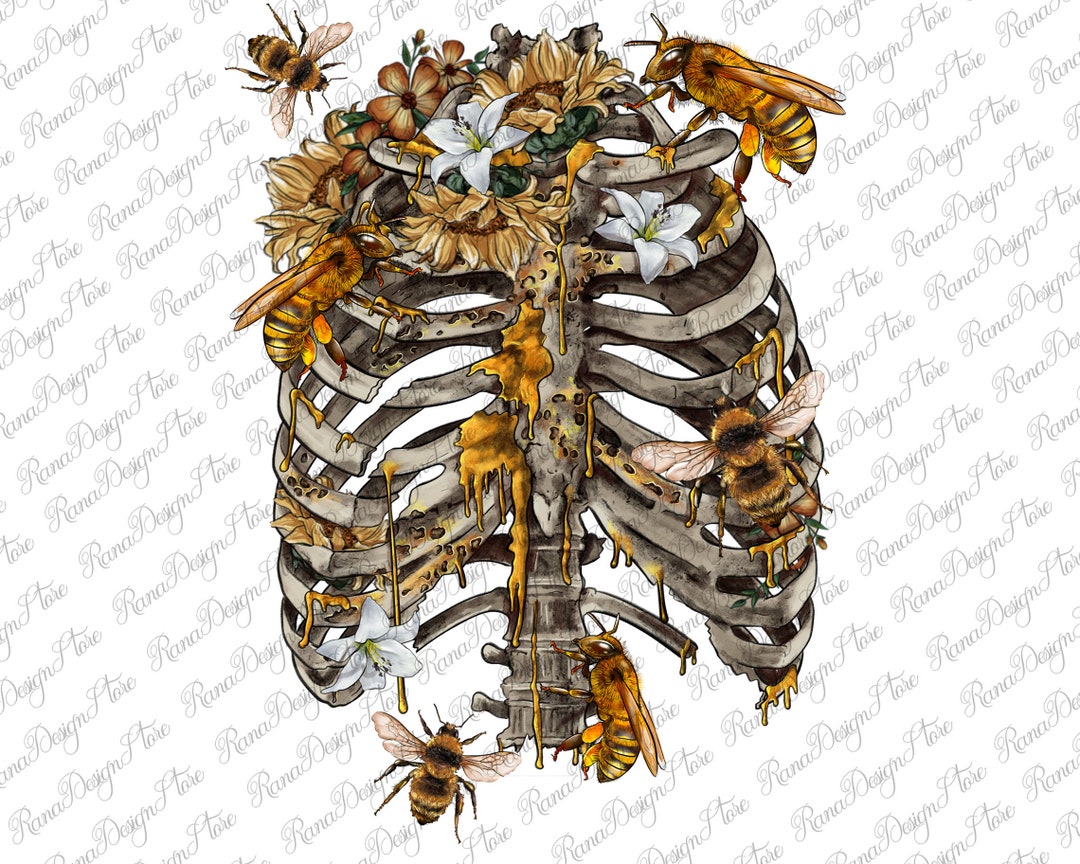 Flower Rib Cage Bees Png Sublimation Design, Hand Drawn Rib Cage Png ...