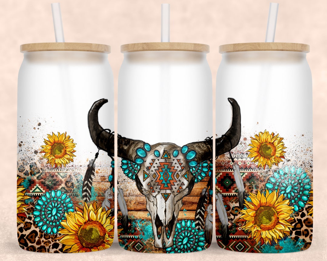 Sunflower Aztec Boho Bull Skull Libbey Glass Png Sublimation Design ...