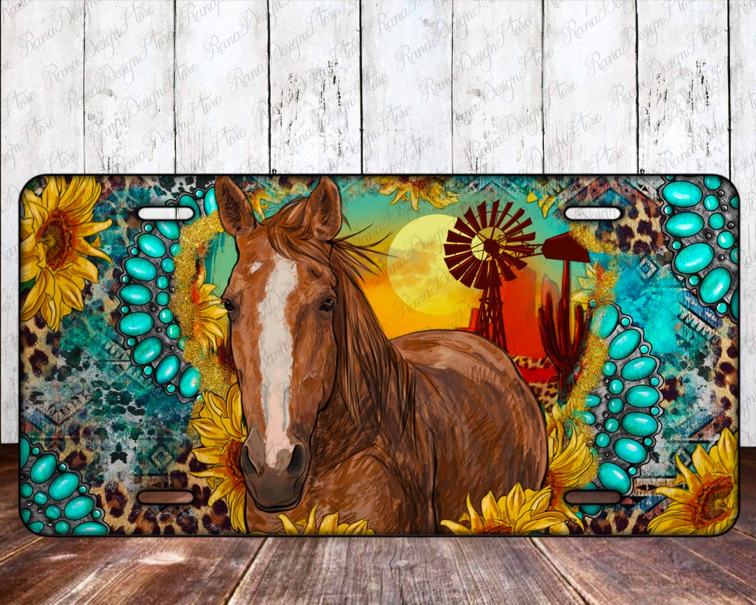 Horse and Desert With Sunflowers Gemstone License Plate Sublimation ...