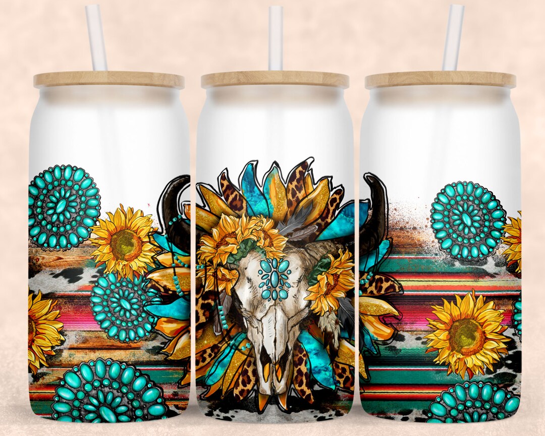Western Sunflowers Boho Bull Skull Libbey Glass Png Sublimation Design ...