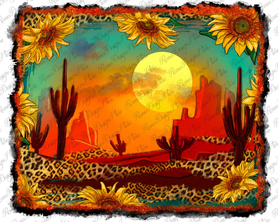 Western Desert Sunset Distressed Background Design, Leopard Sunflower ...