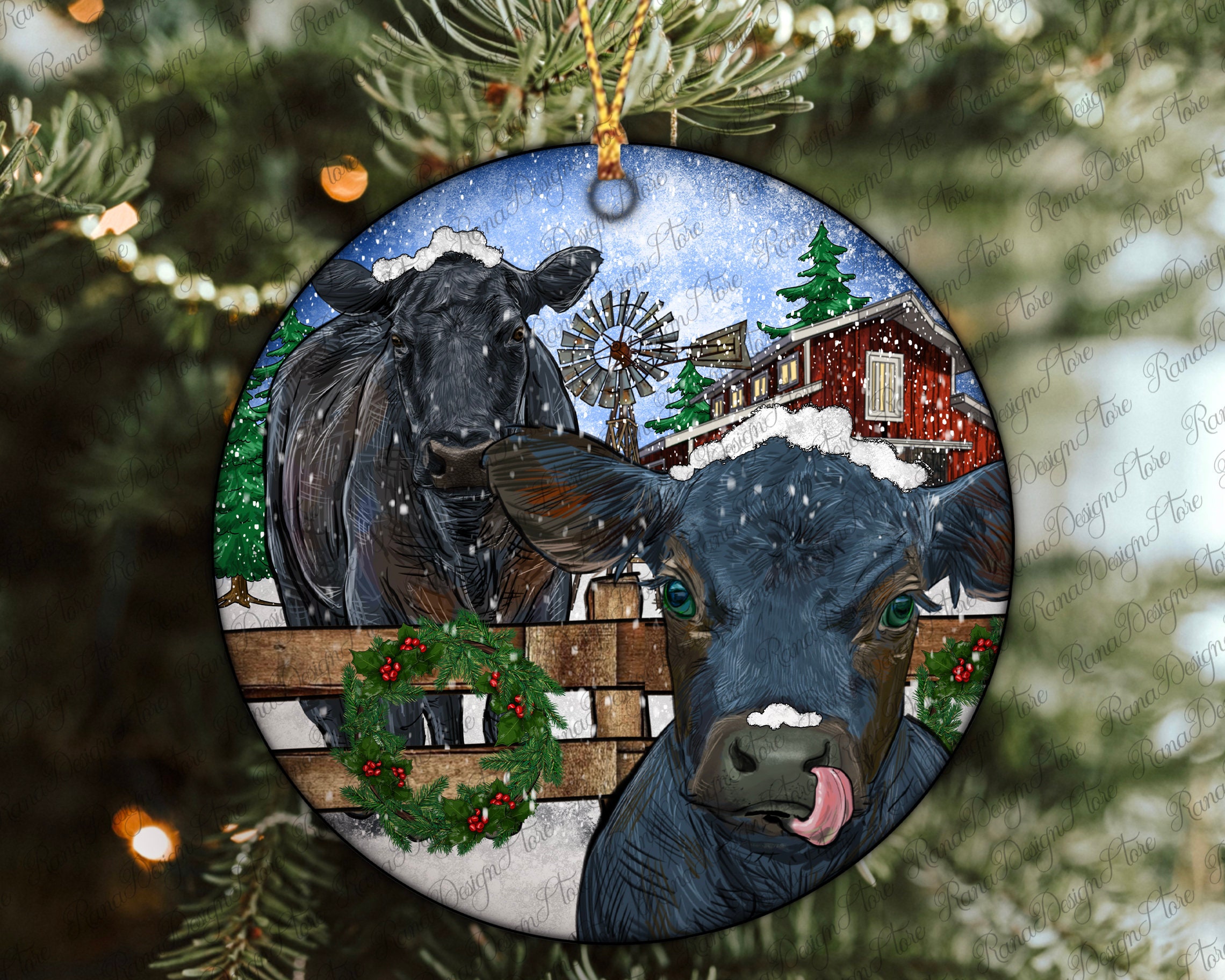 Black Angus Cattle and Calf Christmas Round Ornaments Png,western ...