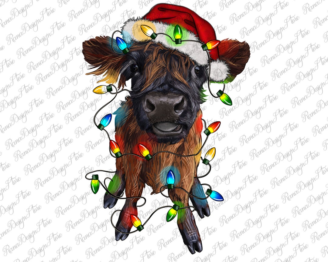 Christmas Lights Calf With Santa Hat Png Sublimation Design, Calf Png ...