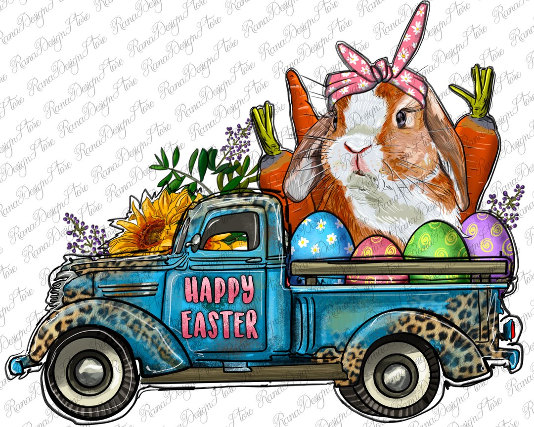 Happy Easter Truck With Bunny Eggs and Carrot Png, Hand Drawing Rabbit ...