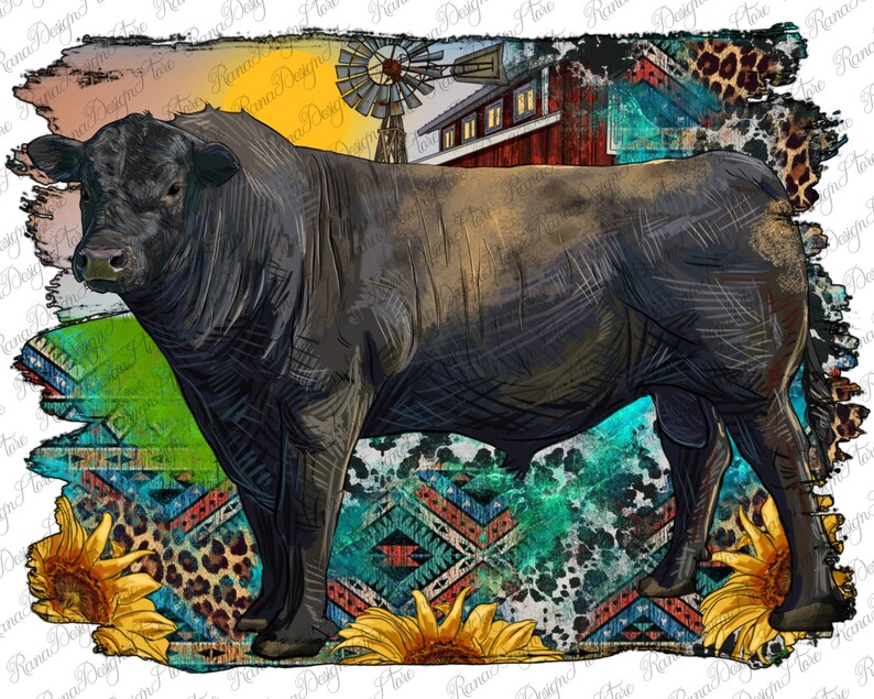 Black Angus Bull With Aztec and Farm Background Png | Etsy