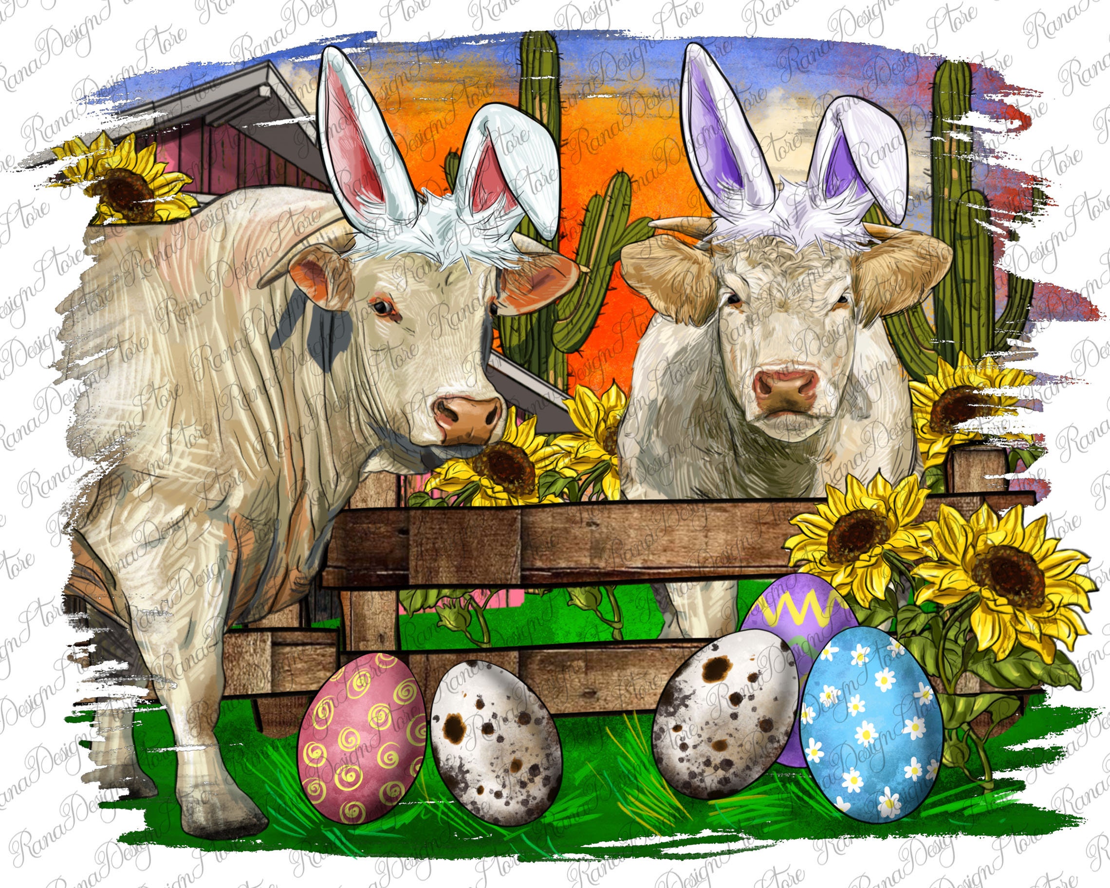 Easter Farm Cows Bunny Ears and Eggs Png Sublimation Design | Etsy