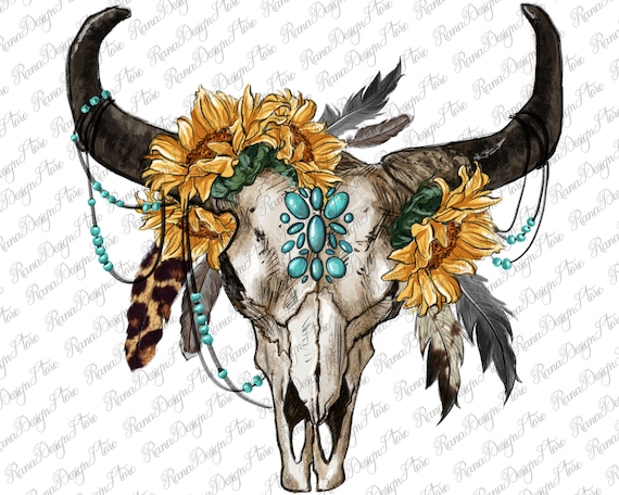 Sunflower Boho Bull Skull PNG Sublimation Design Feather Png | Etsy