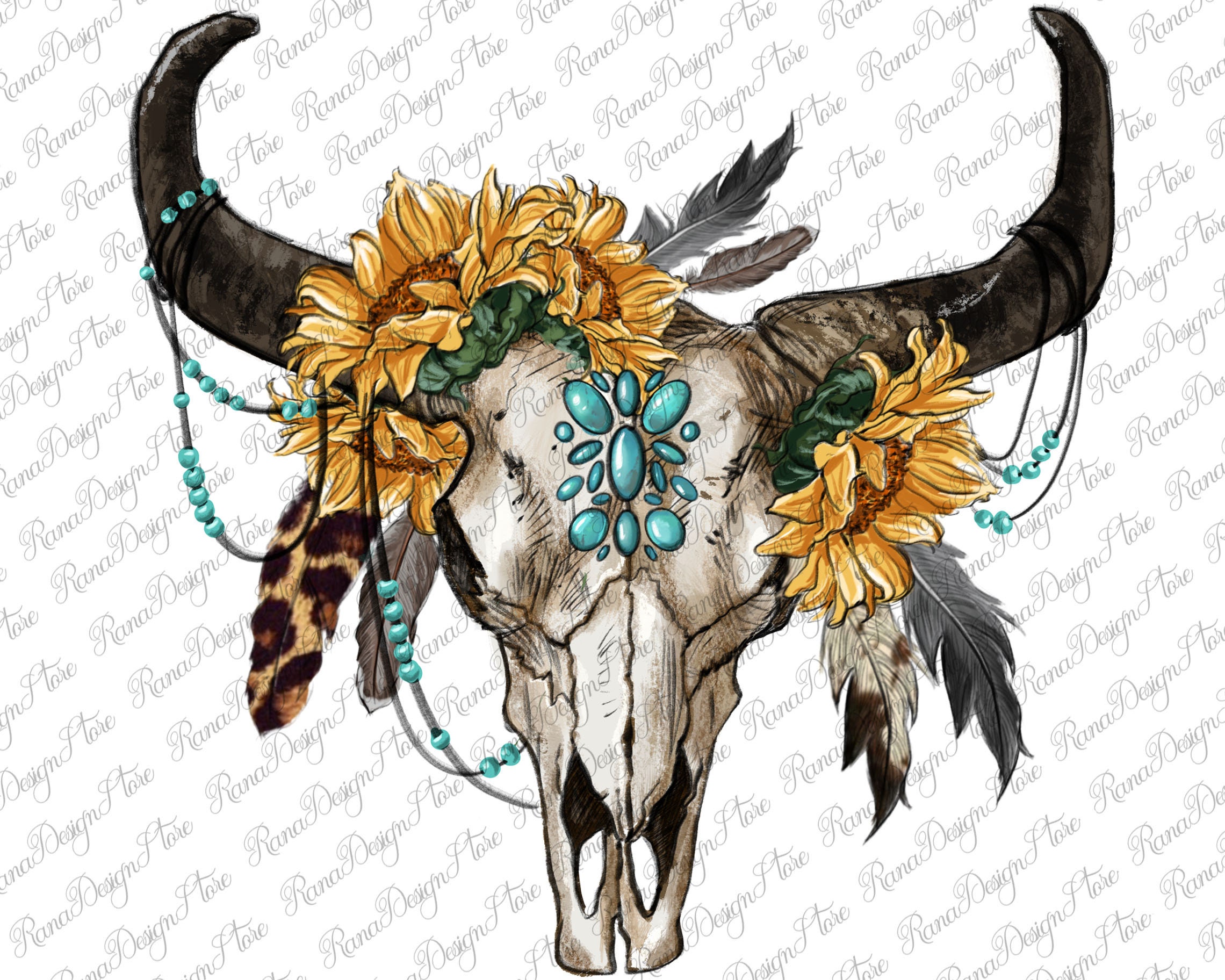 Sunflower Boho Bull Skull PNG Sublimation Design Feather Png - Etsy