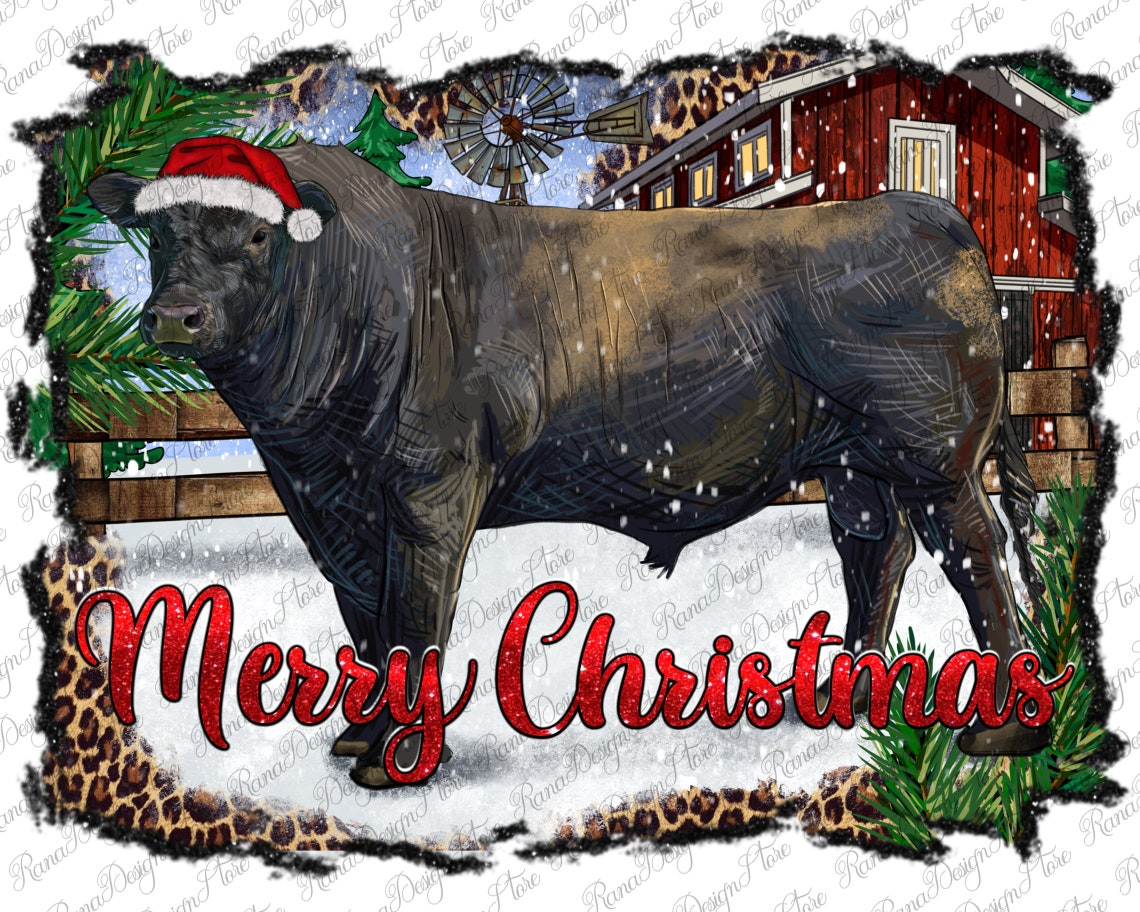 Merry Christmas Black Angus Bull With Santa Hat Png - Etsy