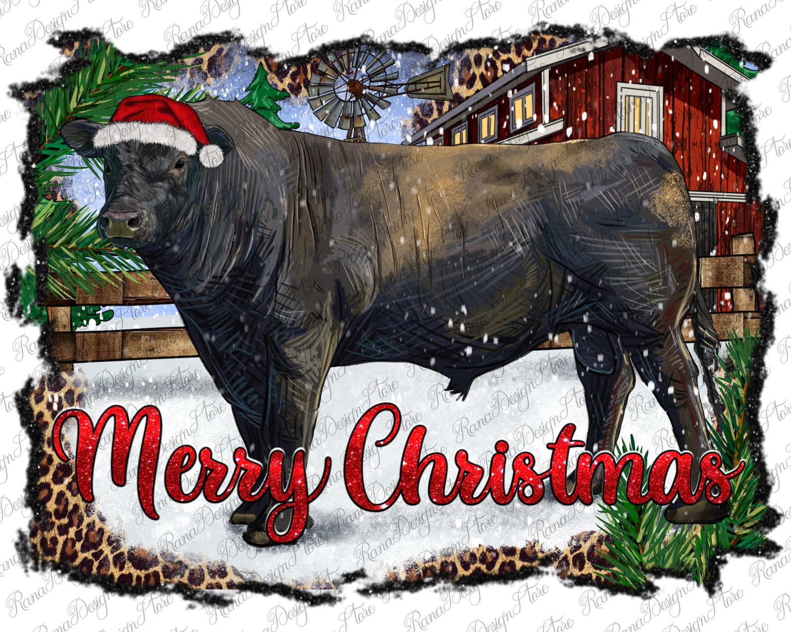 Merry Christmas Black Angus Bull With Santa Hat Png - Etsy