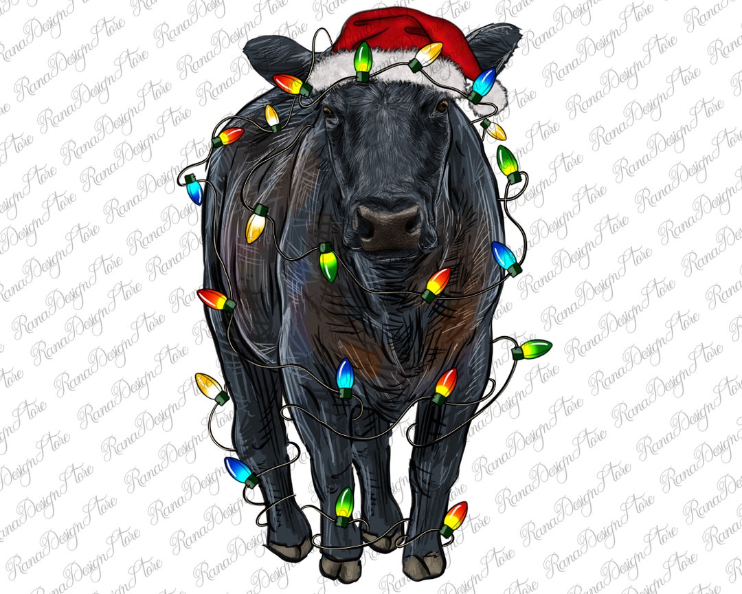 Black Angus Cattle With Christmas Lights and Santa Hat Png Sublimation ...