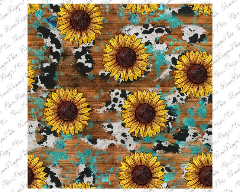 Western Sunflowers Turquoise Cowhide Seamless Background Png - Etsy