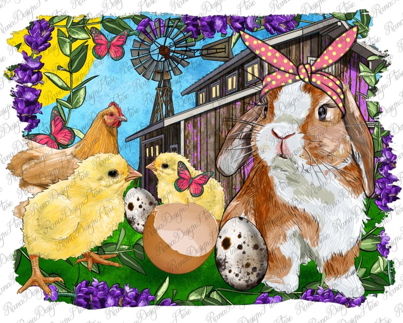 Easter Farm Chicks and Bunny Png Sublimation Design Easter | Etsy