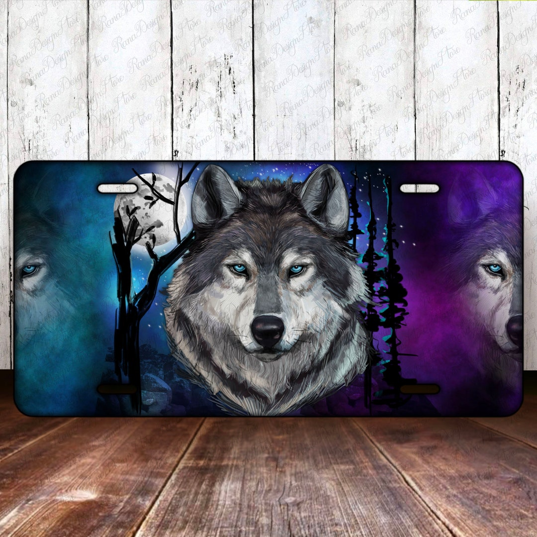 Wolf and Full Moon License Plate Png Sublimation Design Download, Wolf ...