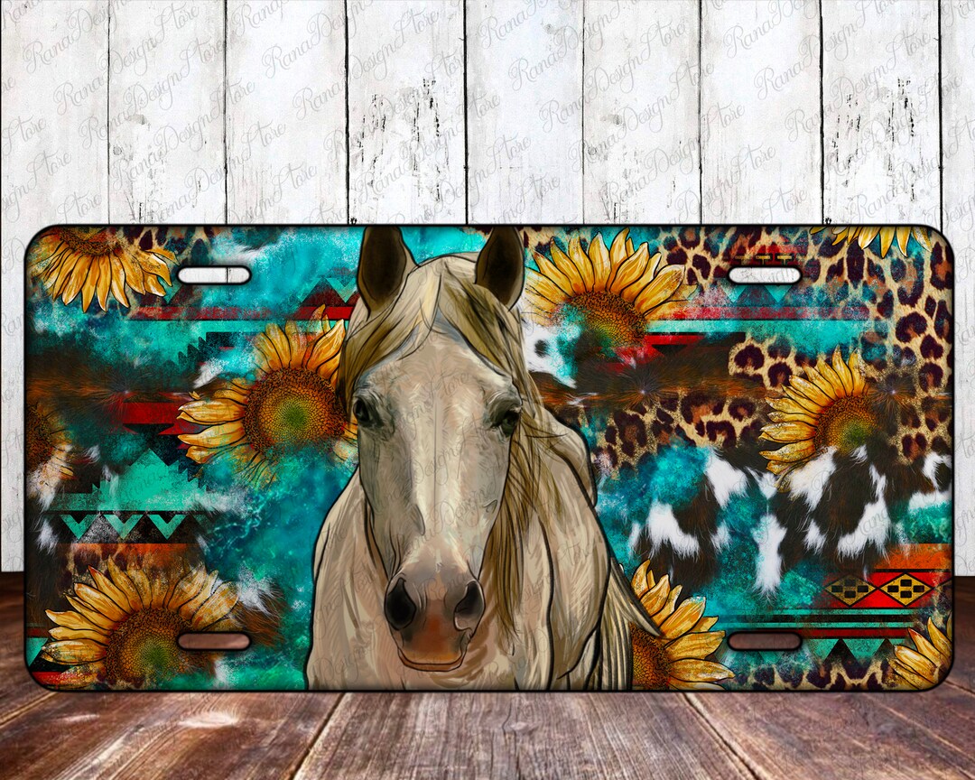 Western Horse With Sunflowers Aztec and Cowhide License Plate ...