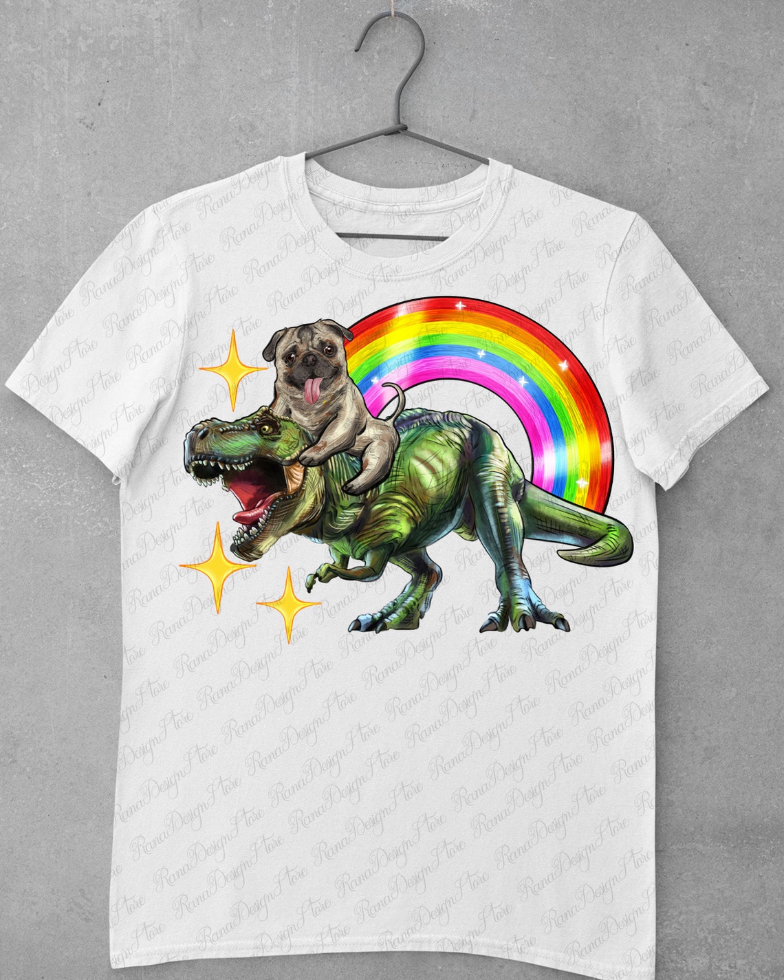 Pug Riding T-rex Dinosaur Rainbow Sublimation Design Pug and - Etsy
