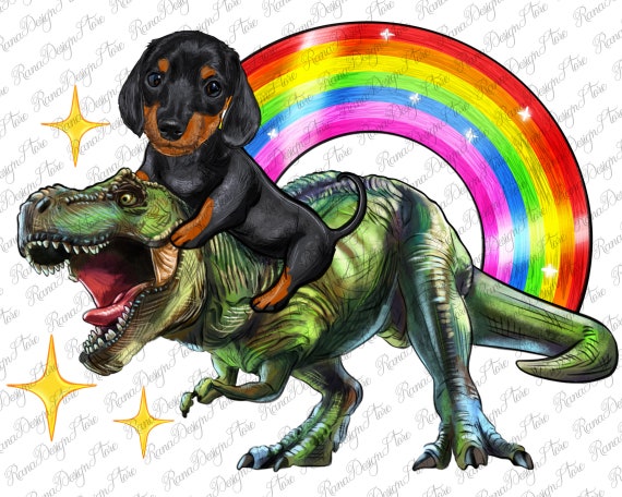 Dachshund Puppy Riding T-rex Dinosaur Rainbow Sublimation | Etsy