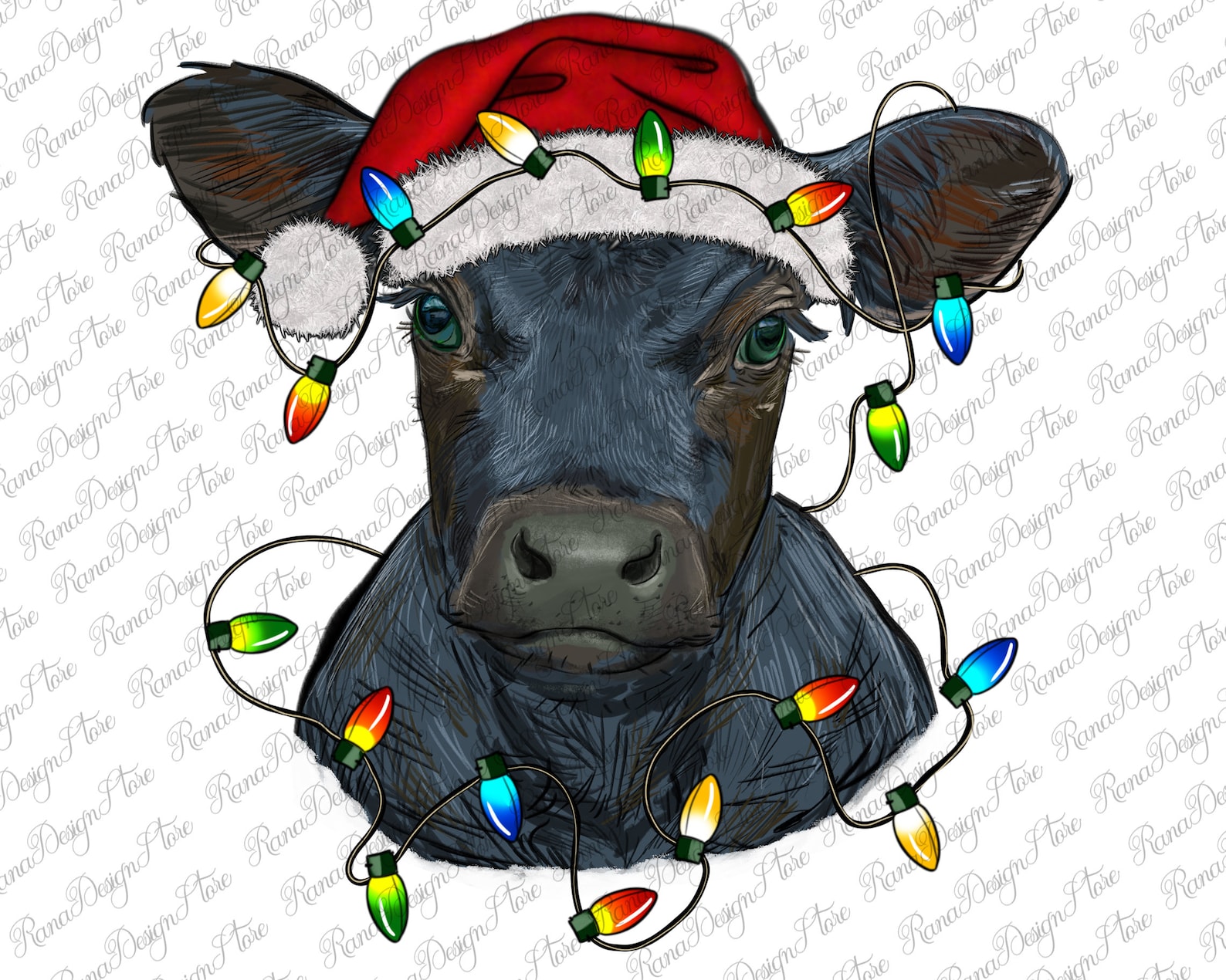 Black Angus Calf With Christmas Lights and Santa Hat Png Sublimation ...